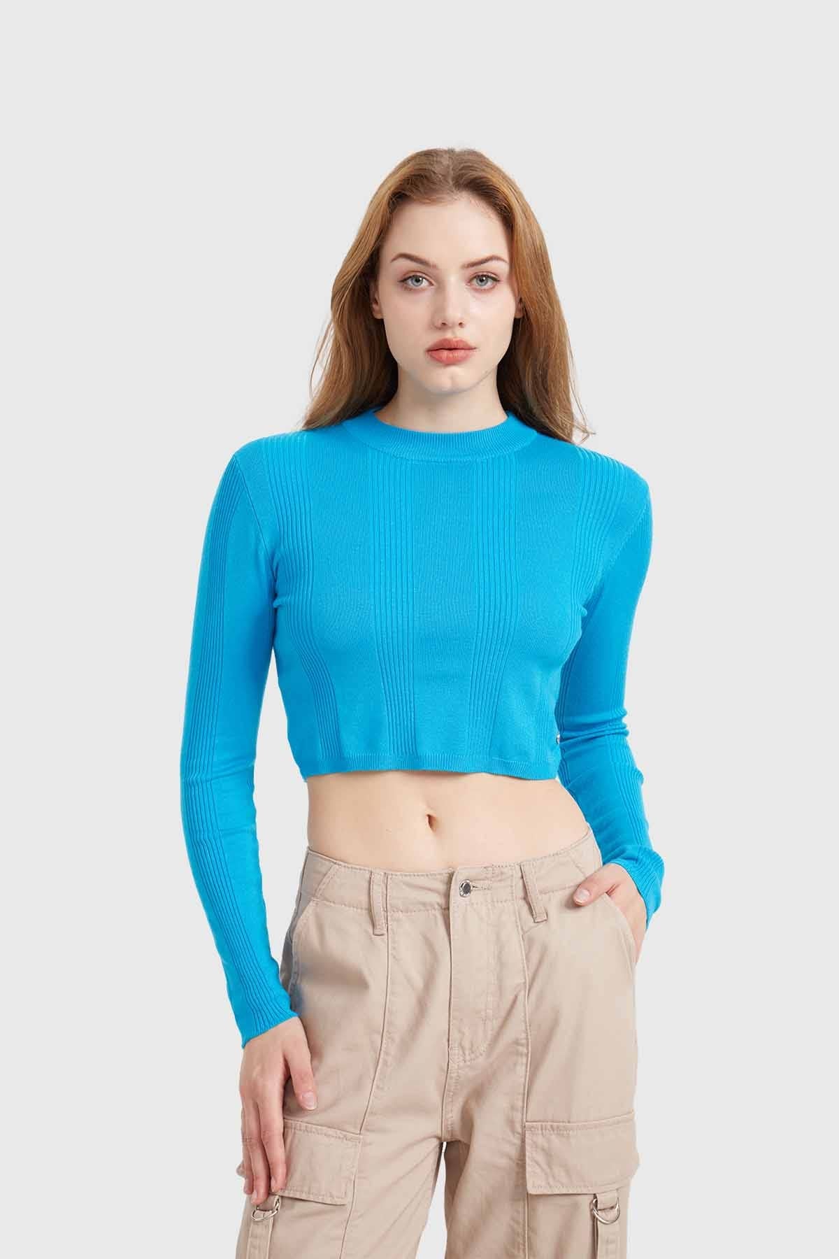 Sweater crop azul claro algodón diseño moderno – Fashion´s Park