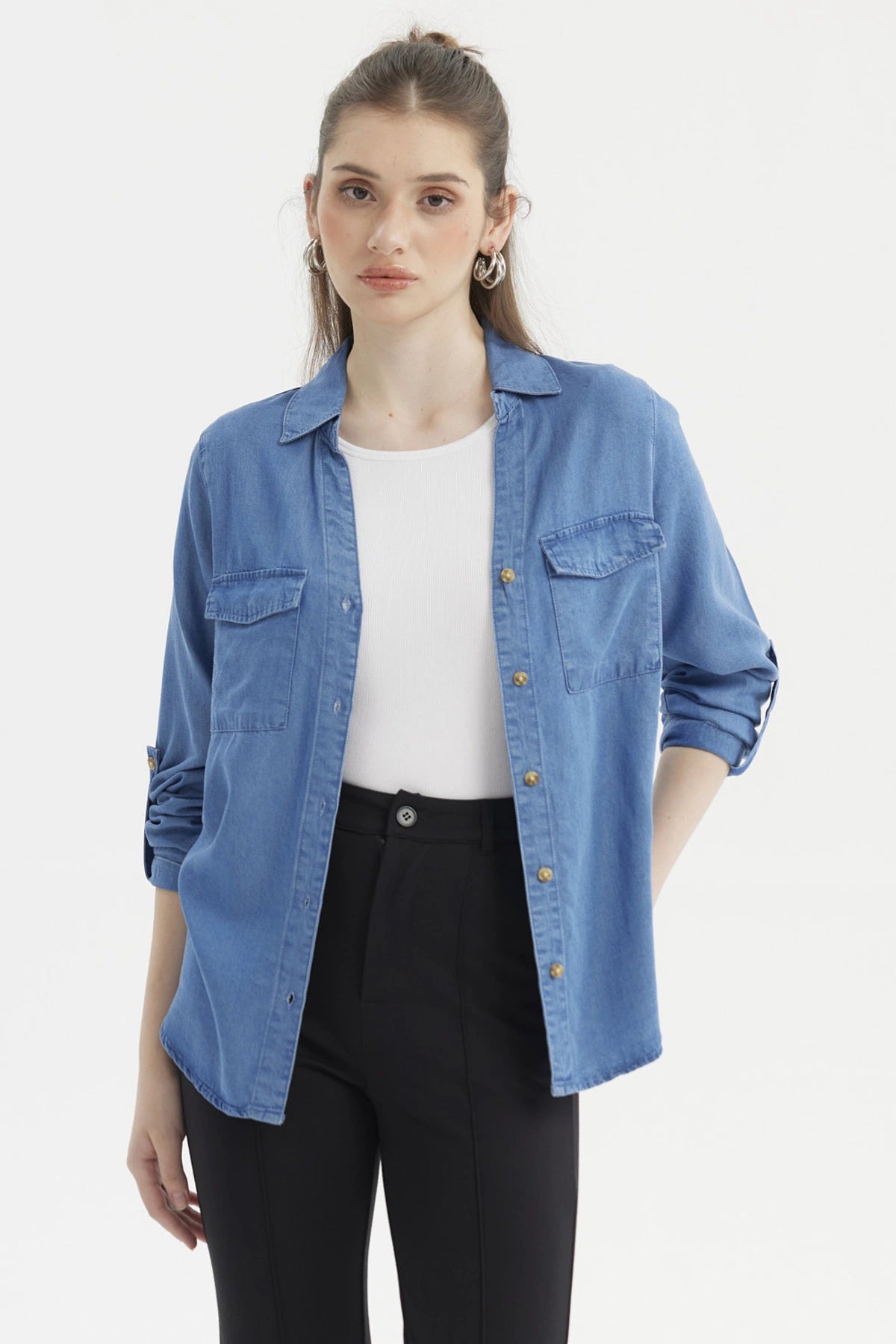 Blusa Mujer Manga Roll Up Azul – Fashion´s Park